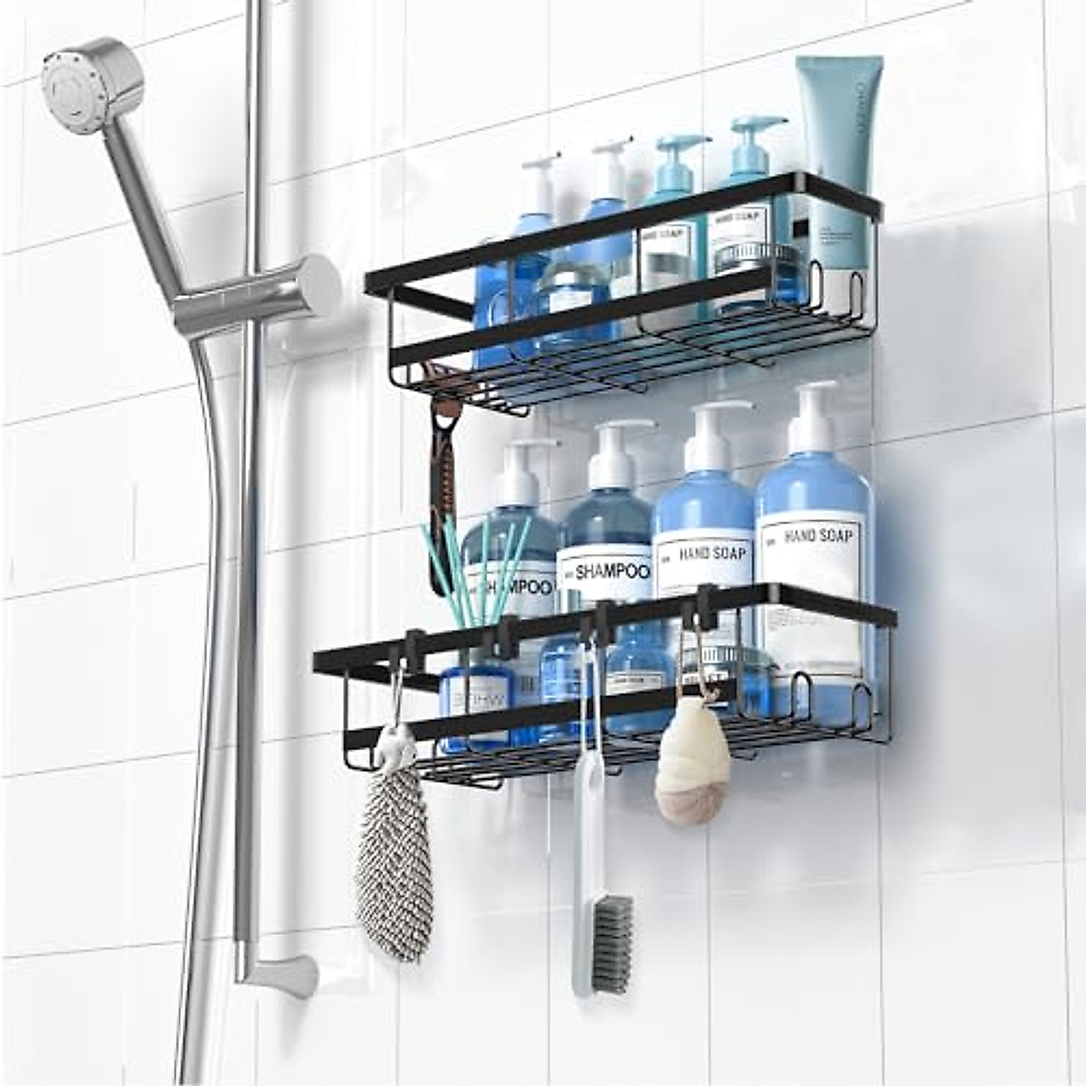 Mycuppca Shower Caddy, 2 Pack Adhesive Bathroom Shower Organizer, Black Shower Shelves with Hooks Stainless Shower Rack for Inside Shower No Drilling Wall Mounted Shower Storage Shower Shampoo Holder