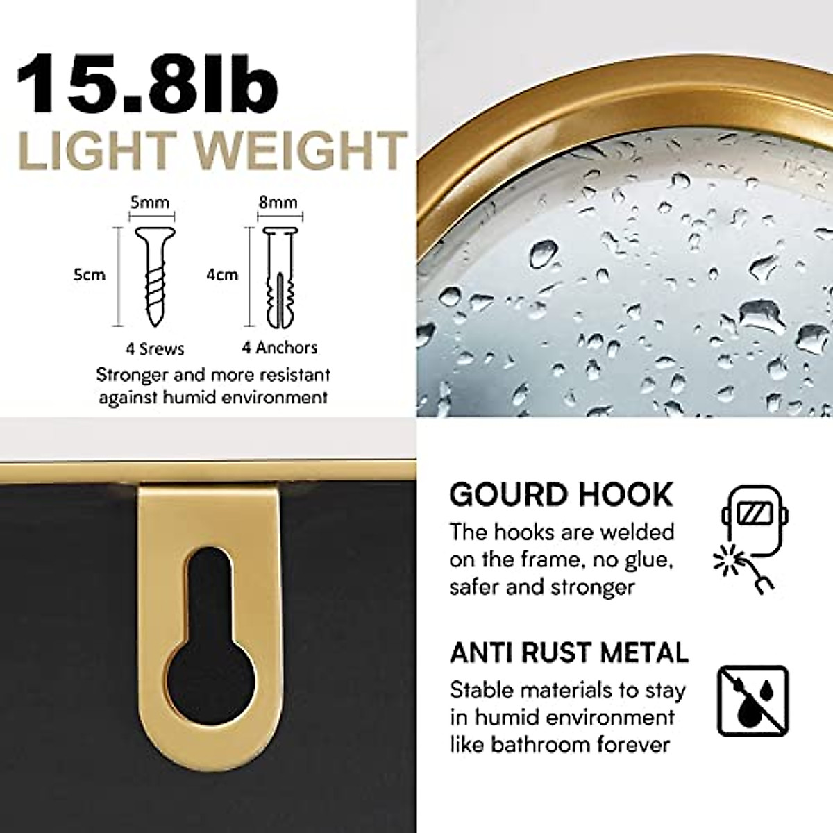 HOWOFURN 24’’x36’’ Bathroom Mirror, Gold Mirrors for Wall, Rectangular Wall Mount Mirror for Bathroom, Vertical & Horizontal Hung for Bedroom, Bathroom, Living Room