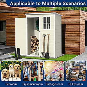 VONZOY Outdoor Storage Shed, 5x3FT Resin Shed with Floor, Lockable Door & Window, Waterproof Tool Sheds & Outdoor Storage for Bike, Garbage Cans,Garden Accessories, Sandstone