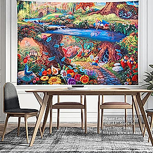 DBLLF Fairytale Forest Tapestry Wonderland Tapestry 100x90 Giant Tapestry Rabbit Motion Cups Hearts and Flower Character Cartoon Style Wide Wall Hanging for Home Decor GTLSDB72