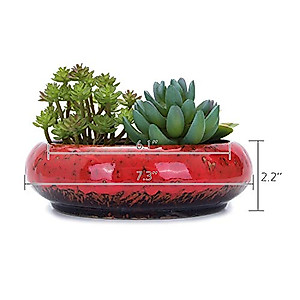VanEnjoy 7.3 inch Round Large Shallow Succulent Ceramic Glazed Planter Pots with Drainage Hole, Bonsai Pots Garden Decorative Cactus Stand Flower Container (Red)