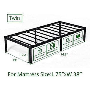 Rottnen Twin Metal Platform Bed Frame, Heavy Duty Steel Slat/Easy Assembly/No Box Spring Needed，14 Inches High Bed Frame with Ample Storage, Sturdy and Noise-Free, Black