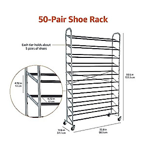 Amazon Basics 50-Pair Shoe Rack Organizer, Chrome, 35.8 x 14.6 x 59.5 inches