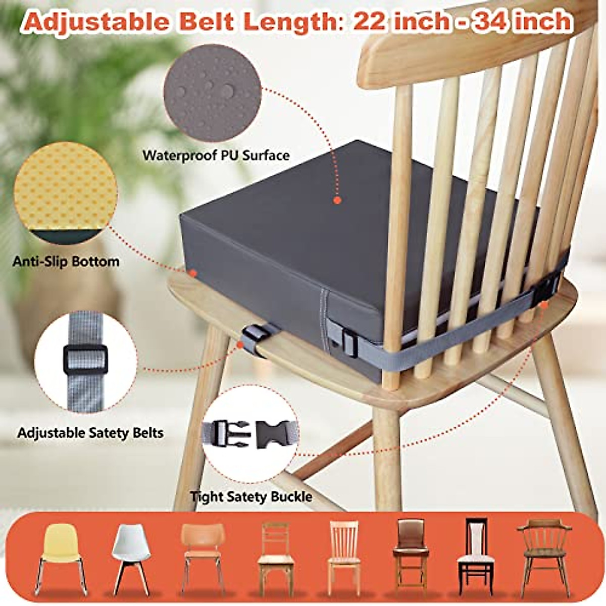 Toddler Booster Seat for Dining Table, VUEJIC Kids Waterproof Booster Seat, Double Safer Adjustable Straps&Non-Slip Bottom, Portable Travel Chair Cushion (Dark Grey)