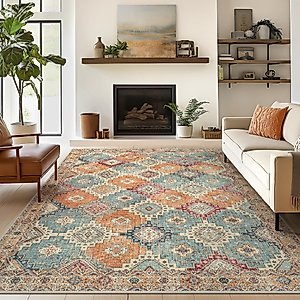 GENIMO Washable Area Rugs for Living Room Bedroom, 8x10 Vintage Moroccan Non-Slip Rug, Lightweight Oriental Accent Indoor Floor Carpet Cover for Dining Room Kitchen, Orange