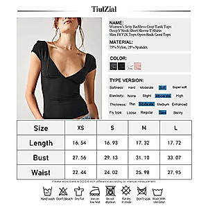 TiulZial Women's Sexy Backless Crop Tank Tops Deep V Neck Short Sleeve T-Shirts Slim Fit Y2K Tops Open Back Cami Tops Black,S