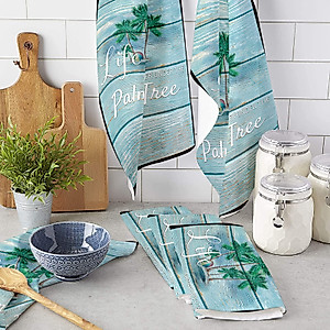 Summer Tropical Palm Tree Ball Teal Plank Kitchen Towels Dish Cloth Towel Absorbent Hand Towel Cleaning Cloth,Life Quote Farm Retro Wood Board Dishcloth Quick Drying for Dishes Counter 4 Pack