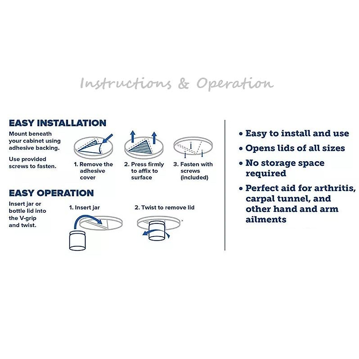 Mounted Under Cabinet Jar Opener for Weak Hands & Seniors - Single handed Jar/Bottle Opener. For any kind or size of Can or Jar. Easy Grip. Gadget for Home & Kitchen. Ideal Gift.