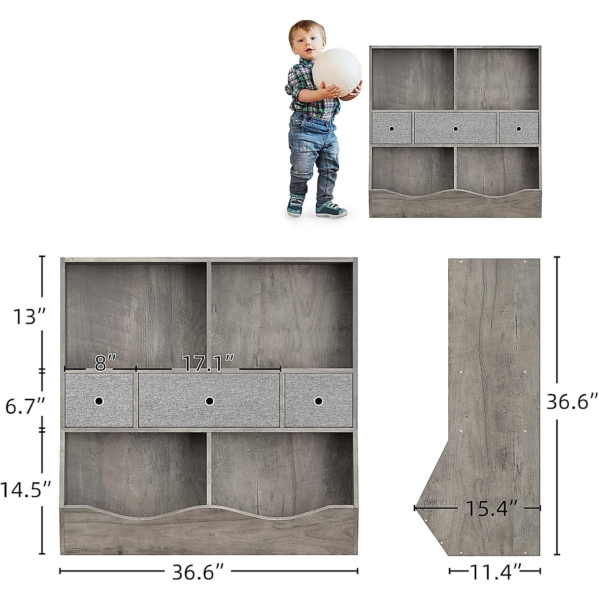 TrailBlaze Kids Toy Storage Organizer with 3 Movable Drawers, 3 Tier Children Bookcase and Bookshelf, Toddler 7 Cubby Toy Storage Cabinet, Toy Shelf for Playroom, Bedroom, Living Room, Nursery (Grey)