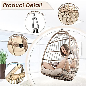 RADIATA Egg Chair Luxury Outdoor Patio Wicker Hanging Swing Egg Chairs with Water Resistant Cushions for Patio Backyard Balcony (Beige,Without Stand)