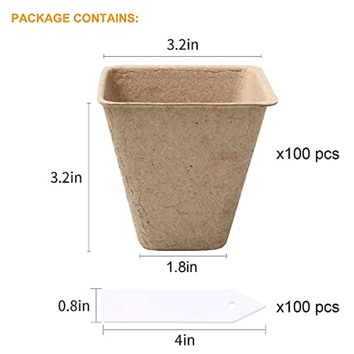 EHWINE Peat Pots, 100 Pack 3.15 Inch Square Seed Starter Tray Seedling Pots Organic Peat Pots for Seedlings Seed Starter Pots Kit Seedling Trays, Bonus 100 Pcs Plant Labels