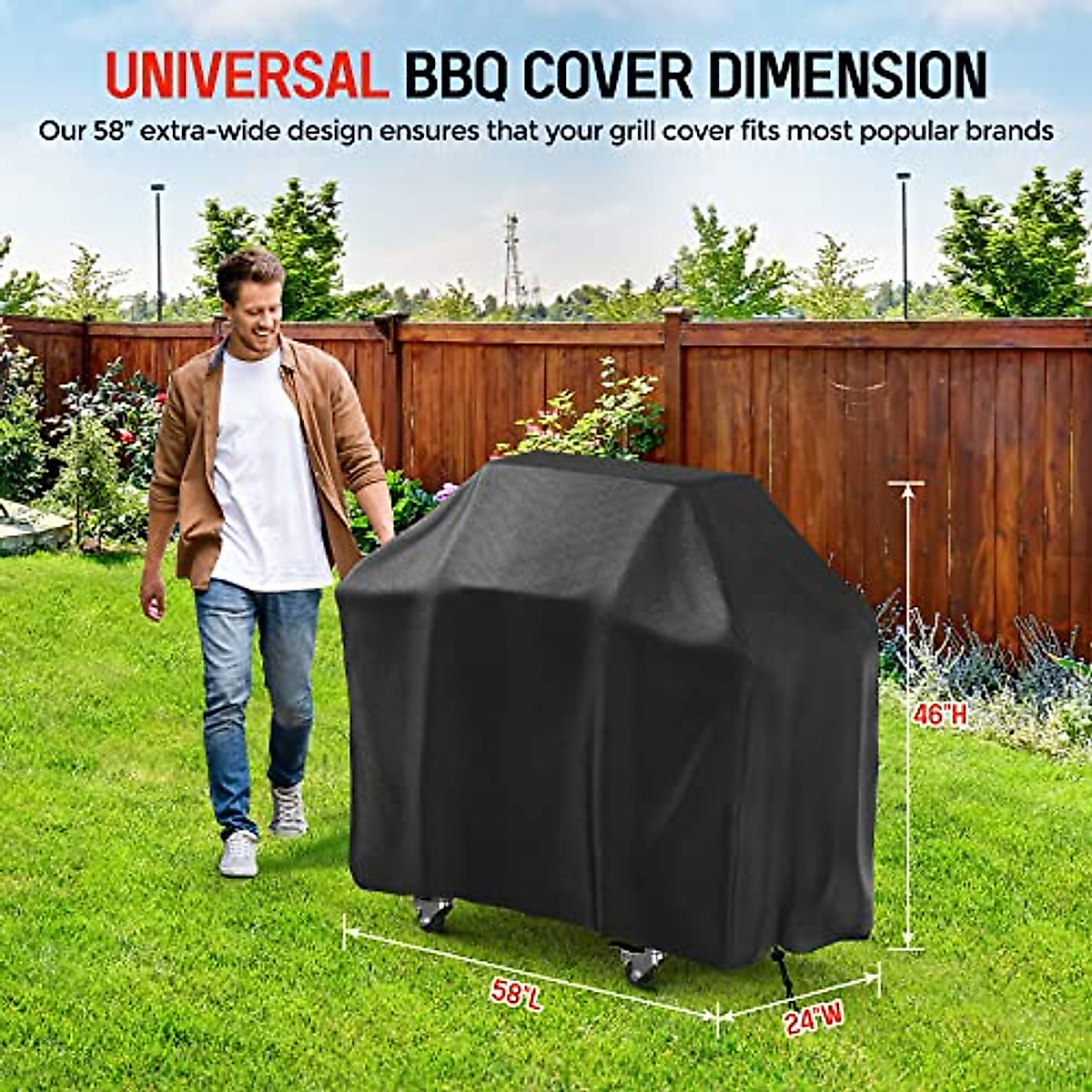 EpicMelody BBQ Grill Cover, 58inch Weather-Resistant Grill Cover for Outdoor Grill, Waterproof Gas Grill Covers with Adjustable Drawstring, Rip-Proof Barbecue Cover for Weber Nexgrill Grills and More