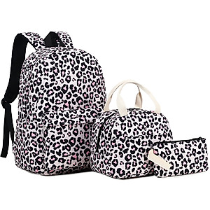 Mimfutu Leopard School Backpack for Teen Girls, 3-in-1 Kids Backpack Bookbag Set School Bags with Lunch Box Pencil Case