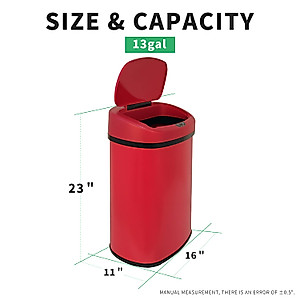 HCY Kitchen Trash Can 13 Gallon Automatic Metal Garbage Can Stainless Steel Waste Bin with Lid Smart for Kitchen,Office,Living Room,Bathroom(Red), 16 inches(L)x11 inches(W)x25 inches(H)