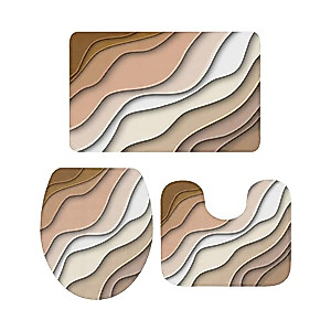 Ombre Bath Rugs for Bathroom Set 3 Piece Beach Geometric Gradient Brown Striped Non-Slip Washable Memory Foam Absorbent Bath Mat Runner Rugs for Tub Shower,U-Shaped Toilet Floor Mats,Toilet Lid Cover
