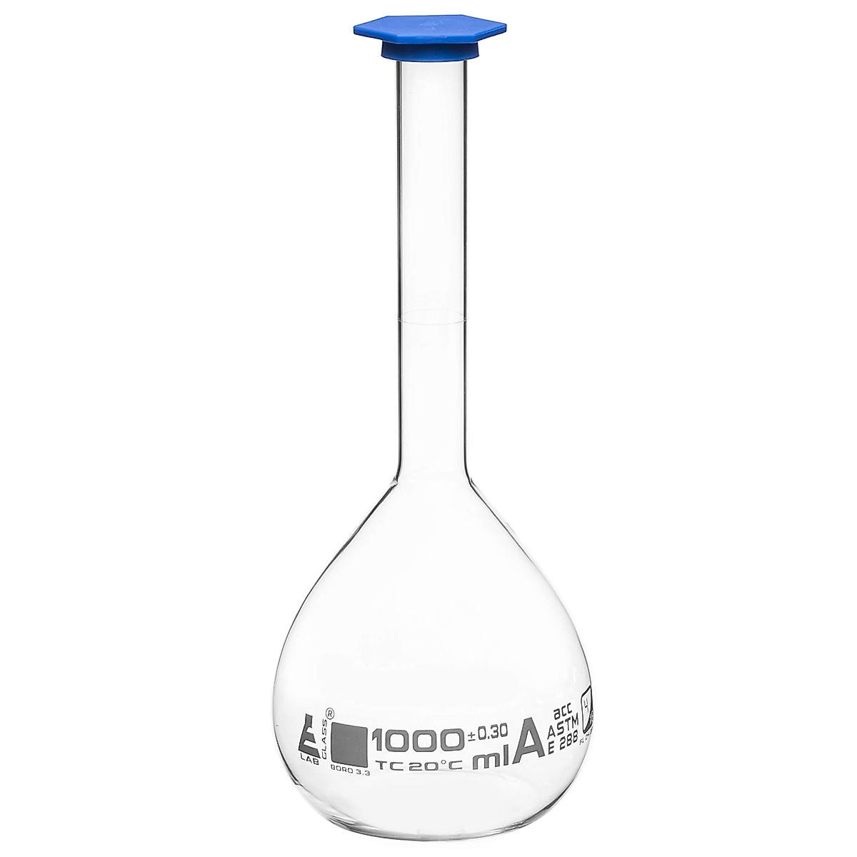 EISCO Volumetric Flask, 1000ml - Class A, ASTM - Snap Cap - White Graduation Mark, Tolerance ±0.300ml