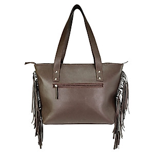 bonanza leathers cowhide leather large shoulder women's handbag with fringes and zipper closure H505C (Chocolate)