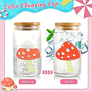 Vesici 6 Pack Color Changing Glasses with Bamboo Lid and Glass Straw Drinking Glasses Mushroom Can Shaped Glass Cups 16 oz Beer Glasses Tumbler Cup Reusable Glass Drinking Straws for Juice Milk Water