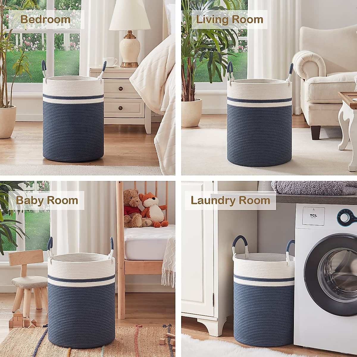 OIAHOMY Laundry Hamper Cotton Rope laundry Basket, 58L Large Woven Clothes Hamper, Collapsible Laundry Baskets with Handles, Nursery Hamper, Storage Clothes Toys in Bedroom, Baby Room (Army Blue)