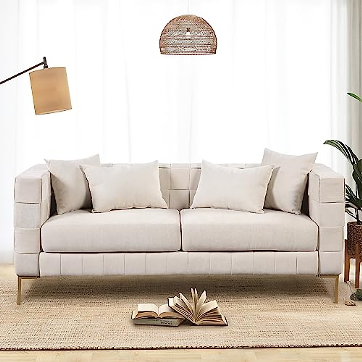 Merax 80.5" Upholstered Sofa with 4 Pillows Modern Couch with Golden Metal Legs for Living Room,Beige Love Seats