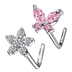 CHARMONLINE CZ Butterfly Flower L Bend Stud Nose Ring 20G L Shaped Nose Studs Nose Hoop Rings Nose Body Piercing for Women Men