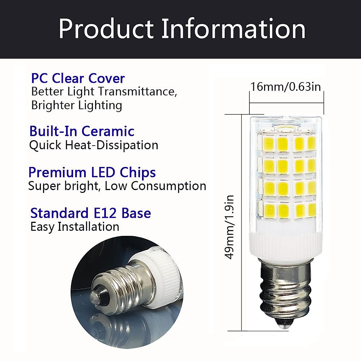 WE05X20431 Dryer Light Bulb /Ice Dispenser for Refrigerator Bulb / Sewing Machine E12 LED Light Bulb 3W Replaces C7 E12 Candelabra 10W-30W Halogen 100V-265V Cool White 6000K Appliance Lamp, 2-Pack