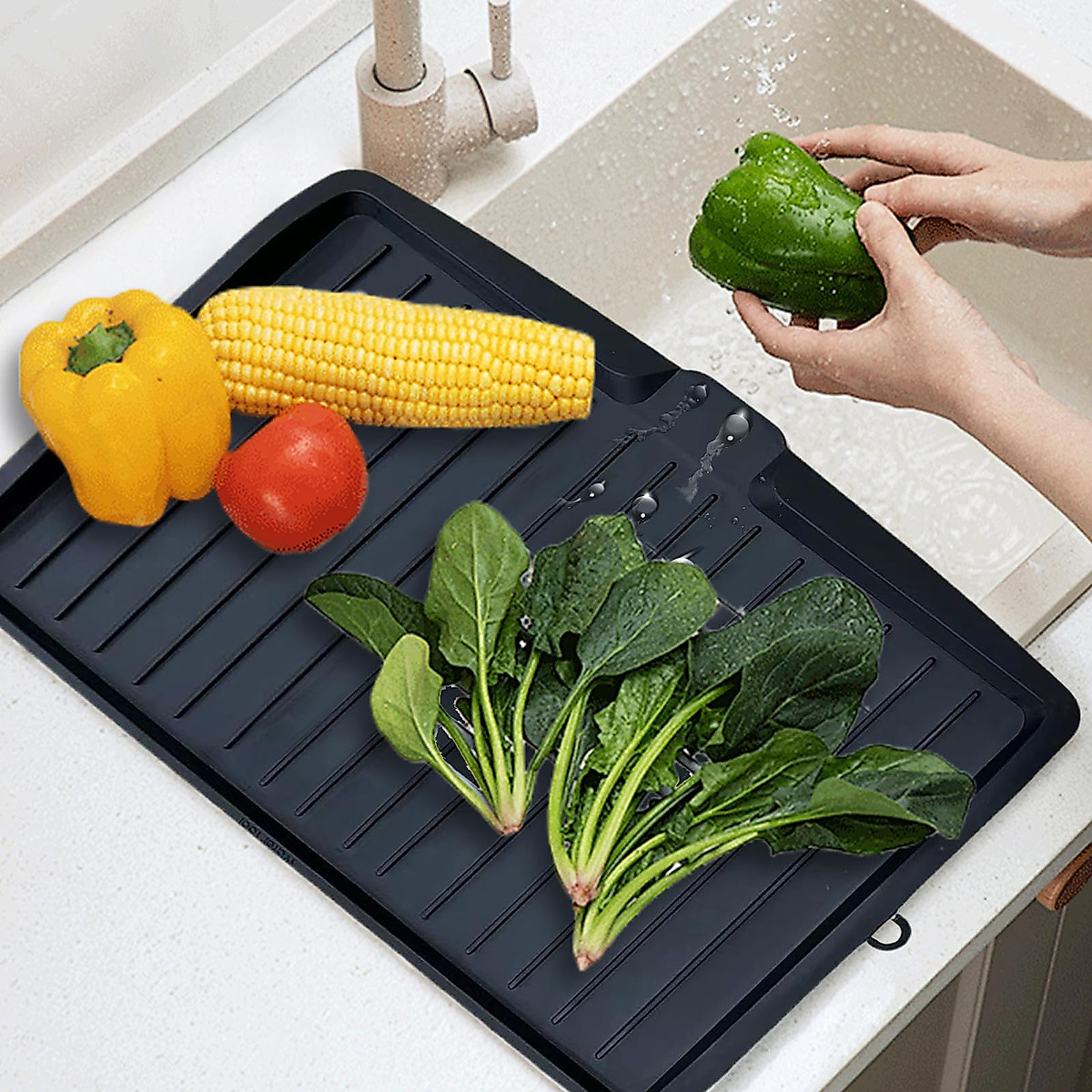 SWEETBIUTI Dish Drain Board Tilt PP Dish Drainer Quick Dry Dish Drain Board with Drain Port Dish Drying Rack Multipurpose for Kitchen Counter, Black 15.75x10.43x1.18in.