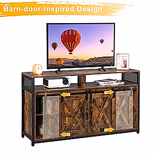 VINGLI Farmhouse TV Stand with Sliding Barn Doors for 65+ Inch TV Flat Screen, Rustic Entertainment Center Media Console Table Cabinet w/Adjustable Shelves (Rustic Brown)