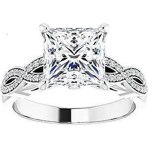 Moissanite World 2 Carat Princess Cut Colorless Moissanite Engagement Ring, Bridal Ring Set, Solitaire Twist Style, Sterling Silver Vintage Antique Anniversary Promise Ring (7.5)