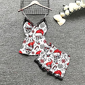 Christmas Lingerie for Women 4 Piece Sets Silk Lace Babydoll Plus Size Sleepwear Spaghetti Strap Xmas Pajama Sets White