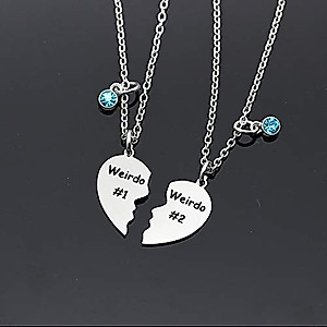 Maxforever Friendship Gift, Weirdo 1 Weirdo 2 Split Heart Stainless Steel Pendant Necklaces BFF Gift for Best Friend (Blue Crystal)