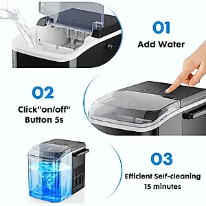 DUMOS Ice Maker Countertop Ice Machine Compact Size with Handle, 26lbs in 24Hrs, 9 Bullet Ice Cubes in 6 Mins, Self-Cleaning Function, Portable for Home, Kitchen, RV, Camping, Quiet Operation, Black