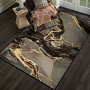Modern Abstract Collection Area Rug - 3' x 5' Washable Entryway Rug Non-Slip Luxury Marble Texture Area Rug for Bedroom Dining Room Home Office Decor Under Kitchen (Brown/Gold)