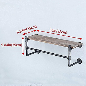 WJJ Industrial Pipe Clothing Rack Wall Mounted with Real Wood Shelf,Pipe Shelving Floating Shelves Wall Shelf,Rustic Retail Garment Rack Display Rack, 36in Steam Punk Commercial Clothes Racks