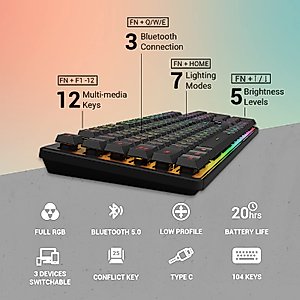 Redragon K509 Pro Wireless Gaming Keyboard, 2.4G and Bluetooth Keyboard, RGB Backlit with 104 Low Profile Keys for Windows PC (Black)