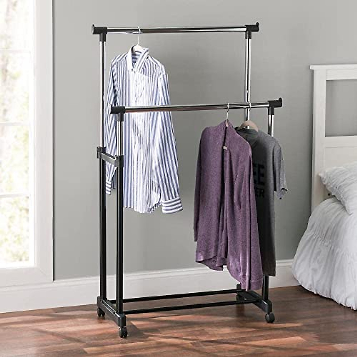 Double Pole Portable Clothing Hanging Garment Rack Laundry Drying Hanger with Wheels (Double Pole) Pole Telescopic Clothes | Fordable Single and Stand for Indoor Outdoor.