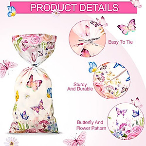 Pajean 100 Pcs Butterflies Cellophane Treat Bags Watercolor Flowers Butterfly Printed Goodie Candy Favor Bags with 100 Twist Ties for Butterfly Girls Birthday Baby Shower Summer Themed Party Supplies