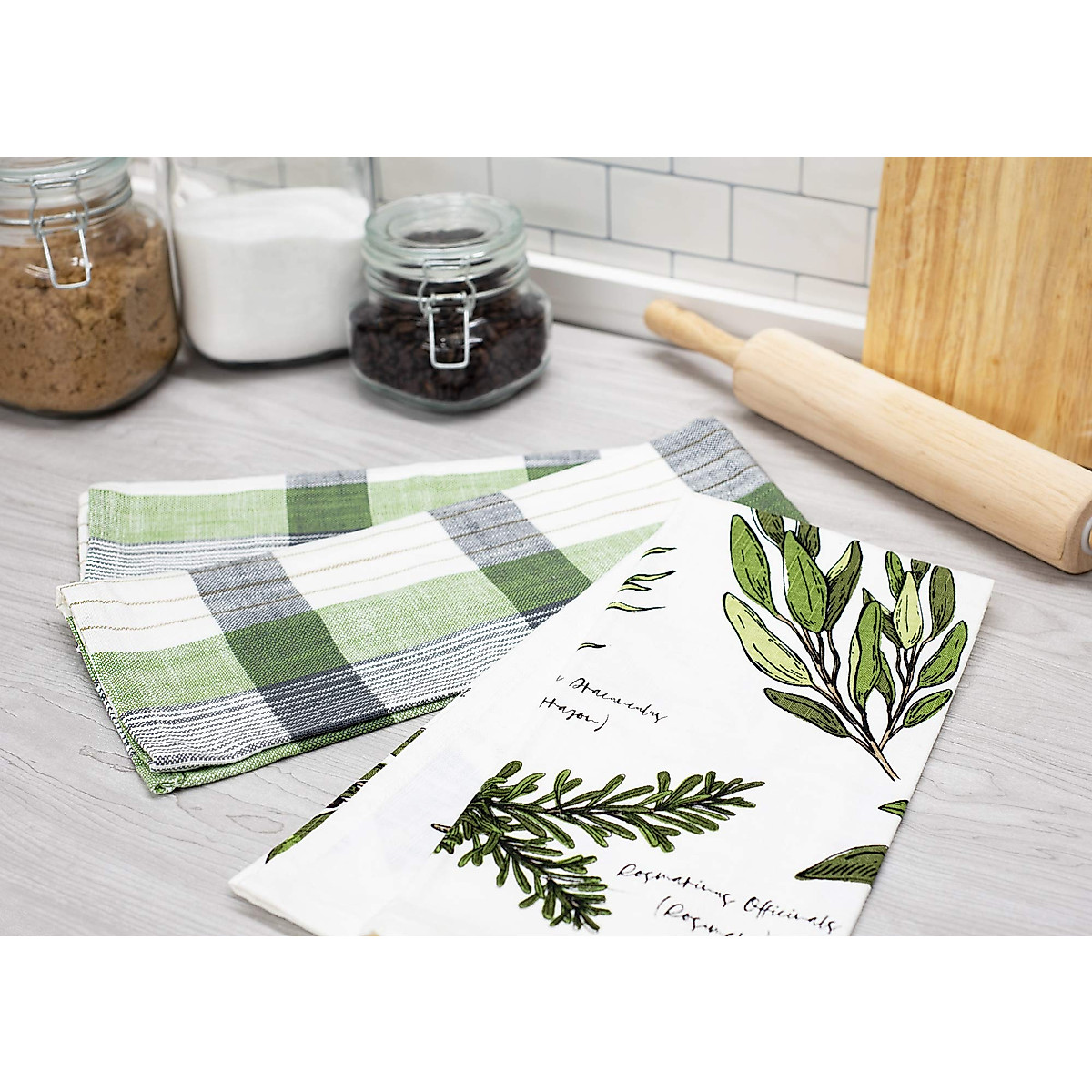 Design Imports Moss Green Plaid Herb 28 x 18 Cotton Decorative Hanging Dishtowel Set 2