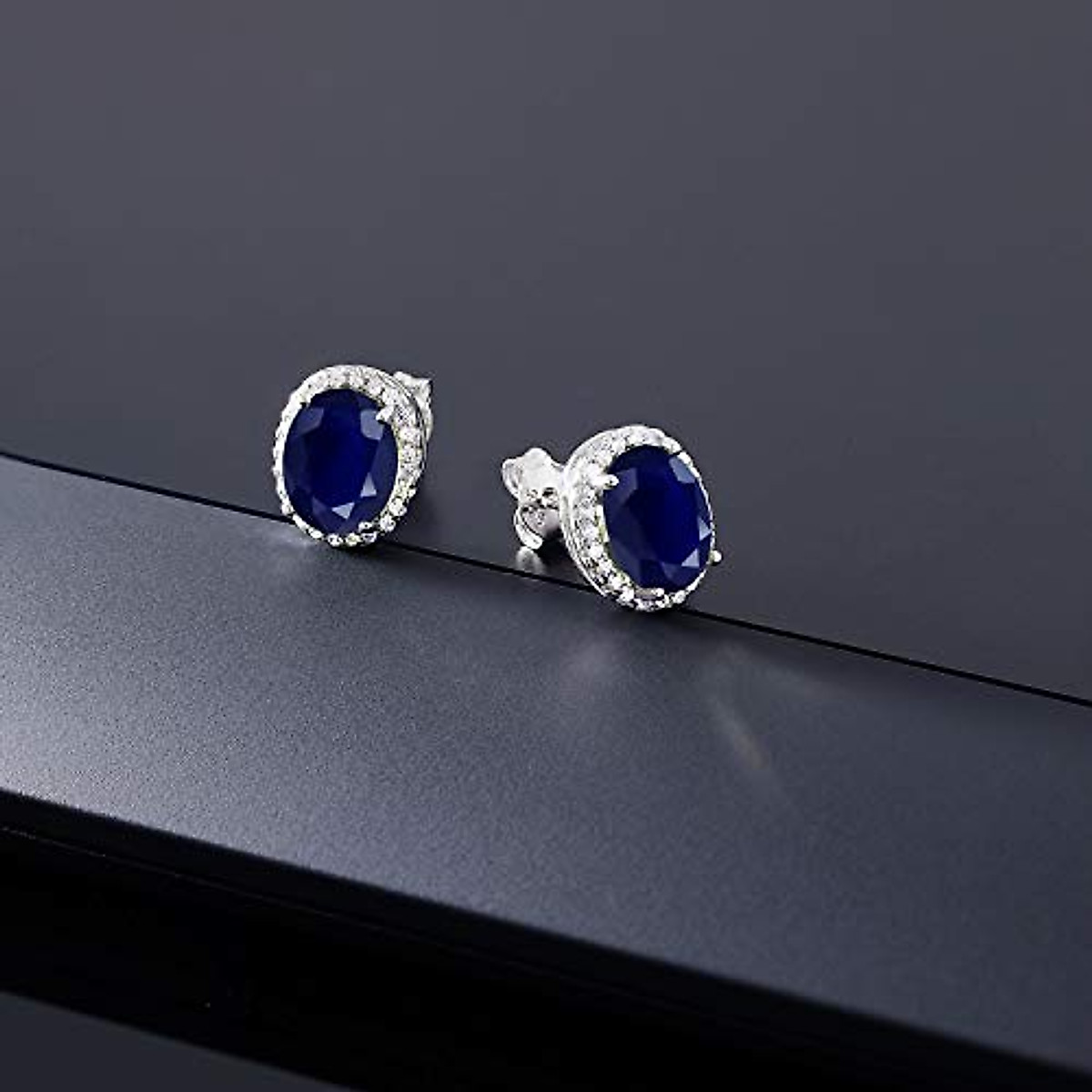 Gem Stone King 925 Sterling Silver Blue Sapphire Halo Earrings For Women (5.48 Cttw, Gemstone Birthstone, Oval 9X7MM)