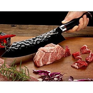 YOUSUNLONG Butcher Knife - 8 Inch Meat cleaver - Japanese AUS8 Black Titanium Nitride Coated Steel - Super Sharp - Natural Ebony Handle