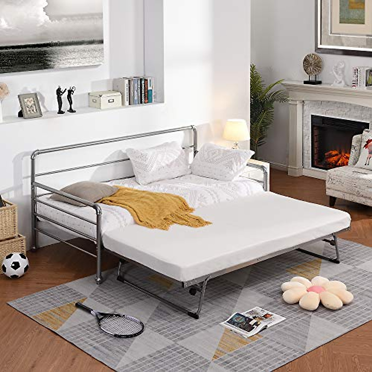 Aoowow Twin Size Metal Daybed with Trundle, Heavy Duty Steel Daybed with Pop Up Trundle Bed,Extendable Daybed Twin to King Size (Silver)