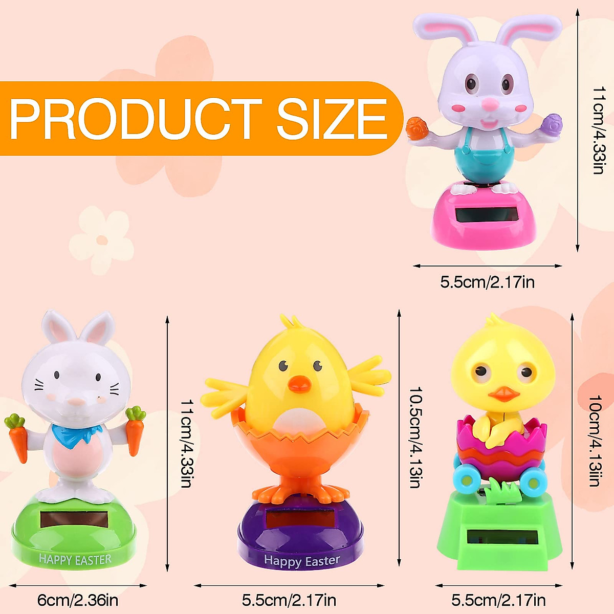 4 Pack Easter Rabbit Solar Powered Dancing Toys Bunny Car Shaking Head Dancer Doll Cute Bunny Chick Swing Figurines Car Windowsill Decor Valentine's Day Toys Gift for Car Dashboard Office Desk Decor