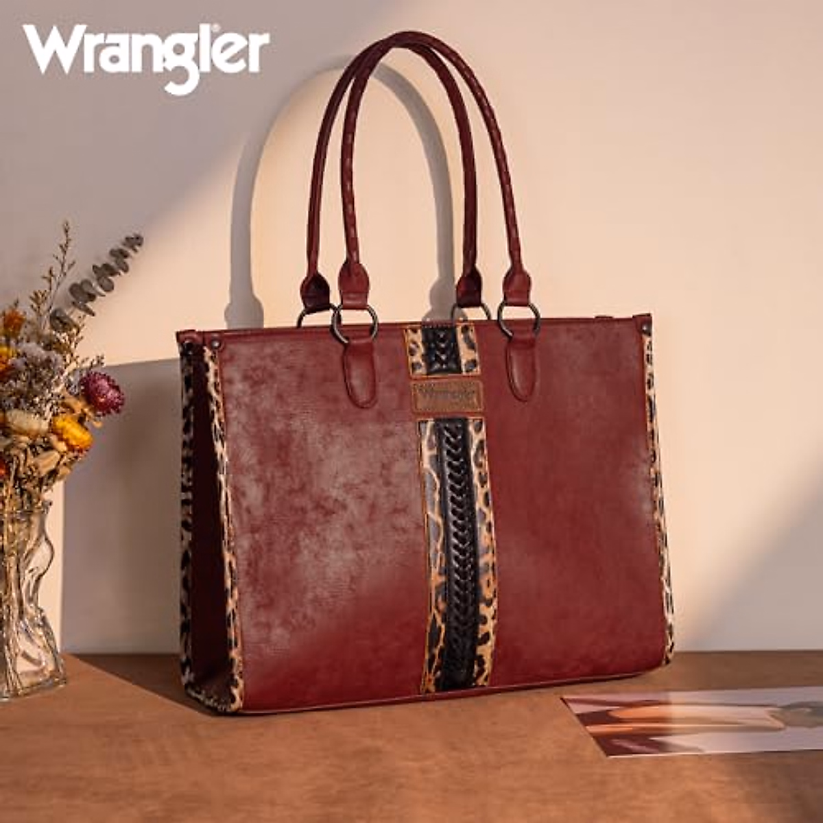 Wrangler Large Tote Bag for Women Western Purses for women Top Handle Handbgas for women Suede Purse Leopard Print Shoulder Bag WG83G-8317RD
