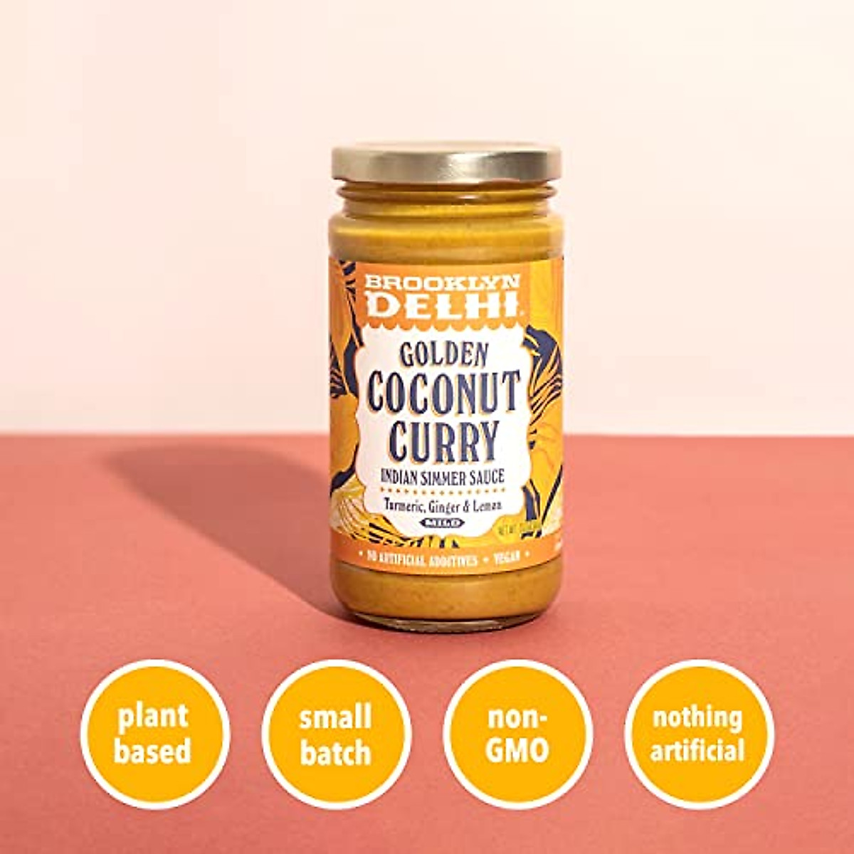 Brooklyn Delhi Golden Coconut Curry - Indian Simmer Sauce with Turmeric, Ginger, Lemon, & Coriander - 12 Ounces - Mild Enough for a kid, Flavorful Enough for a Foodie - Vegan - No Artificial Additives