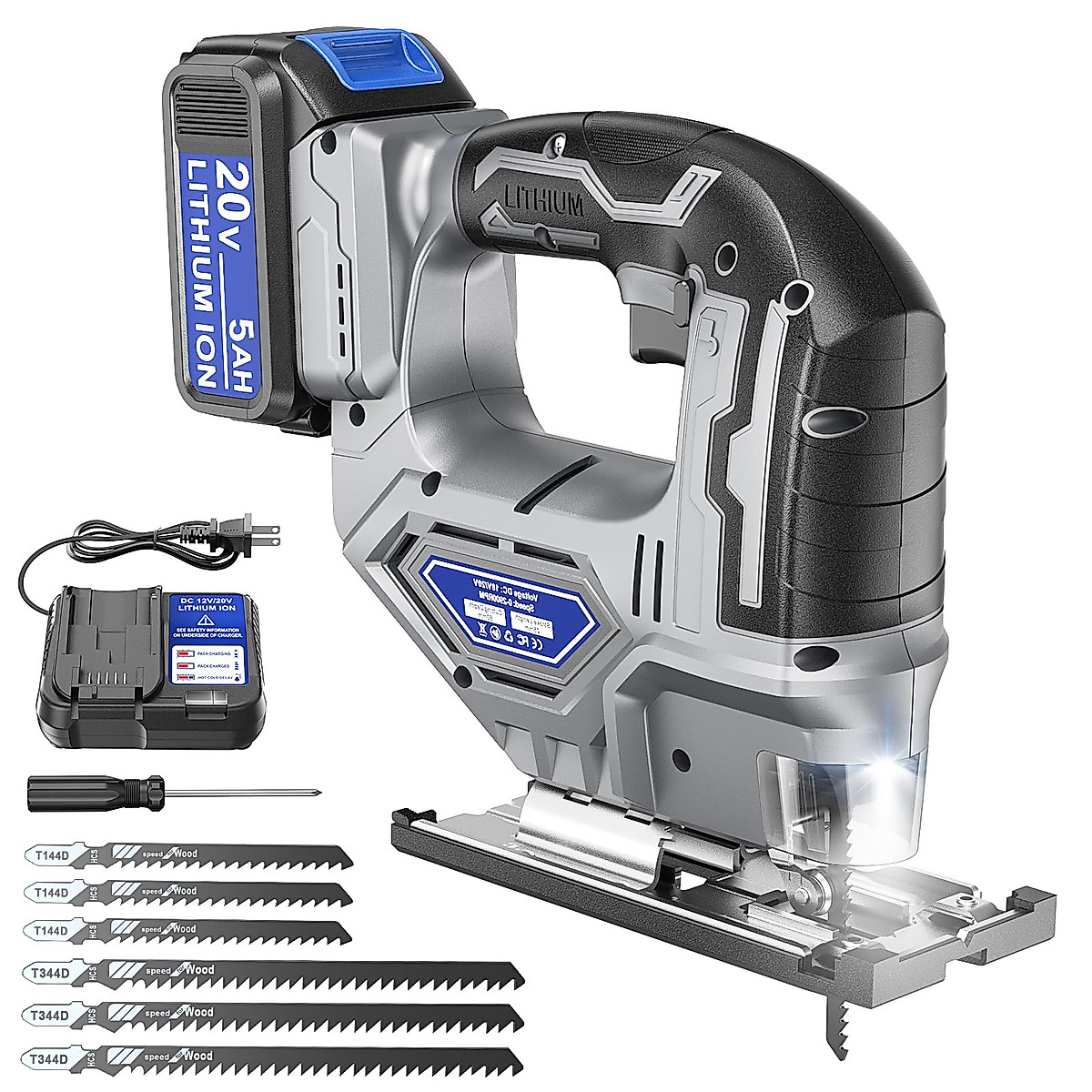 Cordless Jigsaw Tool Compatible with Dewalt 20V Battery, Variable Speed, LED Light, 0°-45° Bevel Cuts, 3-Position Orbital Action, Brushless Motor for Straight Curve Circle Cutting