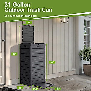 PatioZen 31 Gallon Outdoor Trash Can, Waterproof Trash Can Cabinet for Outside, Resin Garbage Bin with Lid and Drip Tray for Easy Cleaning for Patios, Kitchens, and Outdoor Entertaining（Black）