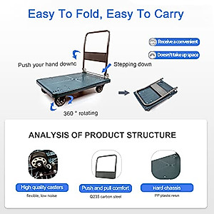 Timati Folding Push Cart Dolly Cart Platform Hand Truck with 330lb Platform Truck Luggage Cart Folding Flatbed Dolly with 360 Degree Swivel Wheels Foldable Push Hand Cart for Loading and Storage