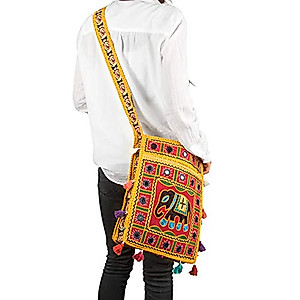Tribe Azure Hobo Cross Body Elephant Messenger Shoulder Bag Mirror Embroidered Roomy Women Purse Tote Colorful Casual Everyday Hippie Boho (Mustard)