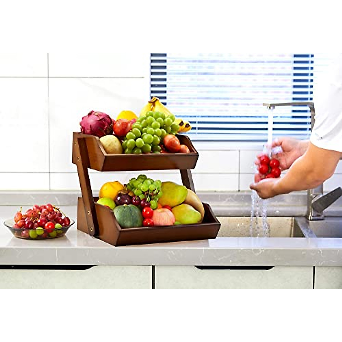 Sushineibor Bamboo Fruit Basket Stand Storage for Kitchen，Large Capacity Home Countertop Standing Wooden Organizer Bread Vegetable Holder Veggies Display Snacks Food Rack (Brown)