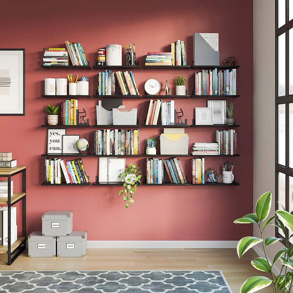 Wallniture Palma 17''x6'' Floating Shelves, Wall Bookshelf for Living Room, Rustic Wood Shelves for Office Decor, Wall Shelves with 5'' Bracket, Set of 20, Black